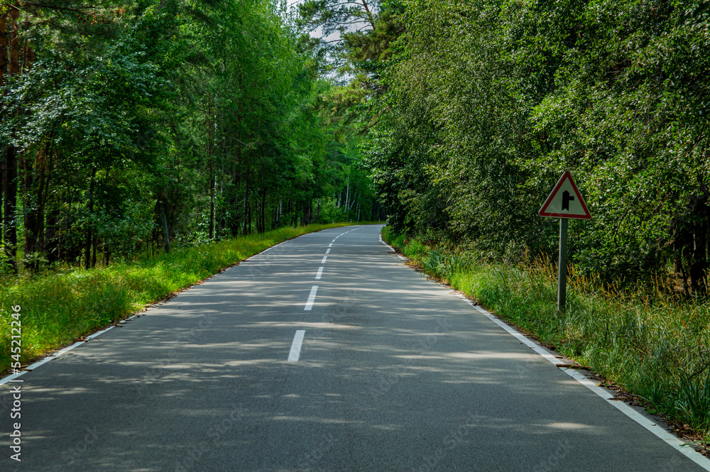Two-lane asphalt road with white markings in the forest. Asphalt pavement. Road white markings ...