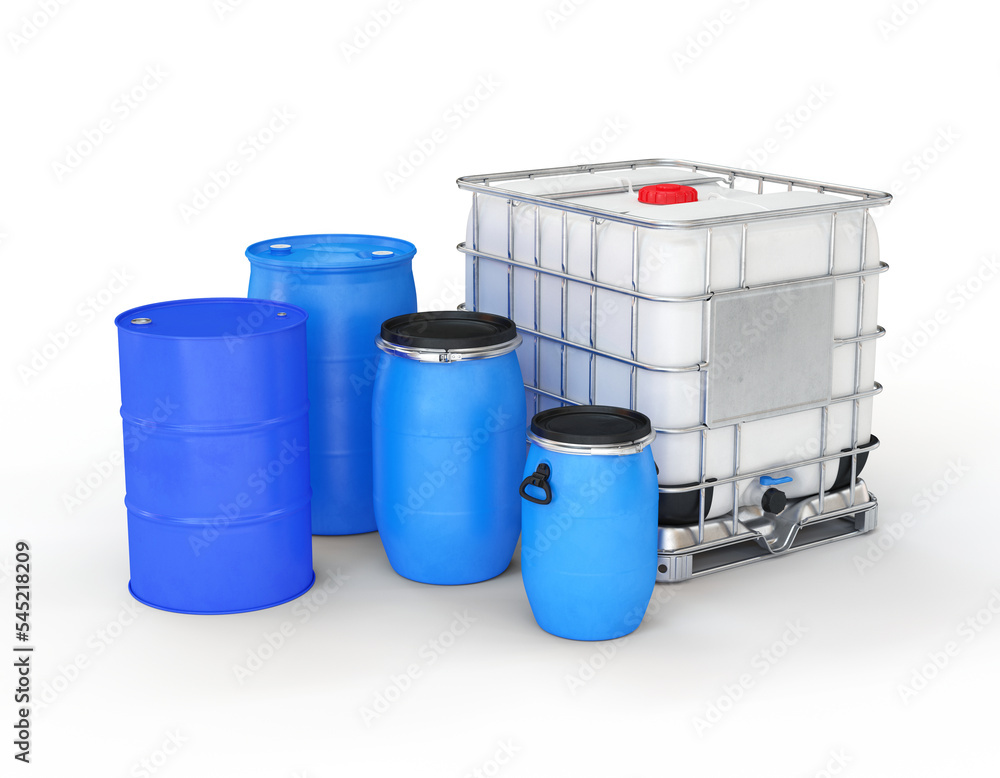 Collection of plastic and metal liquid containers on a white background ...