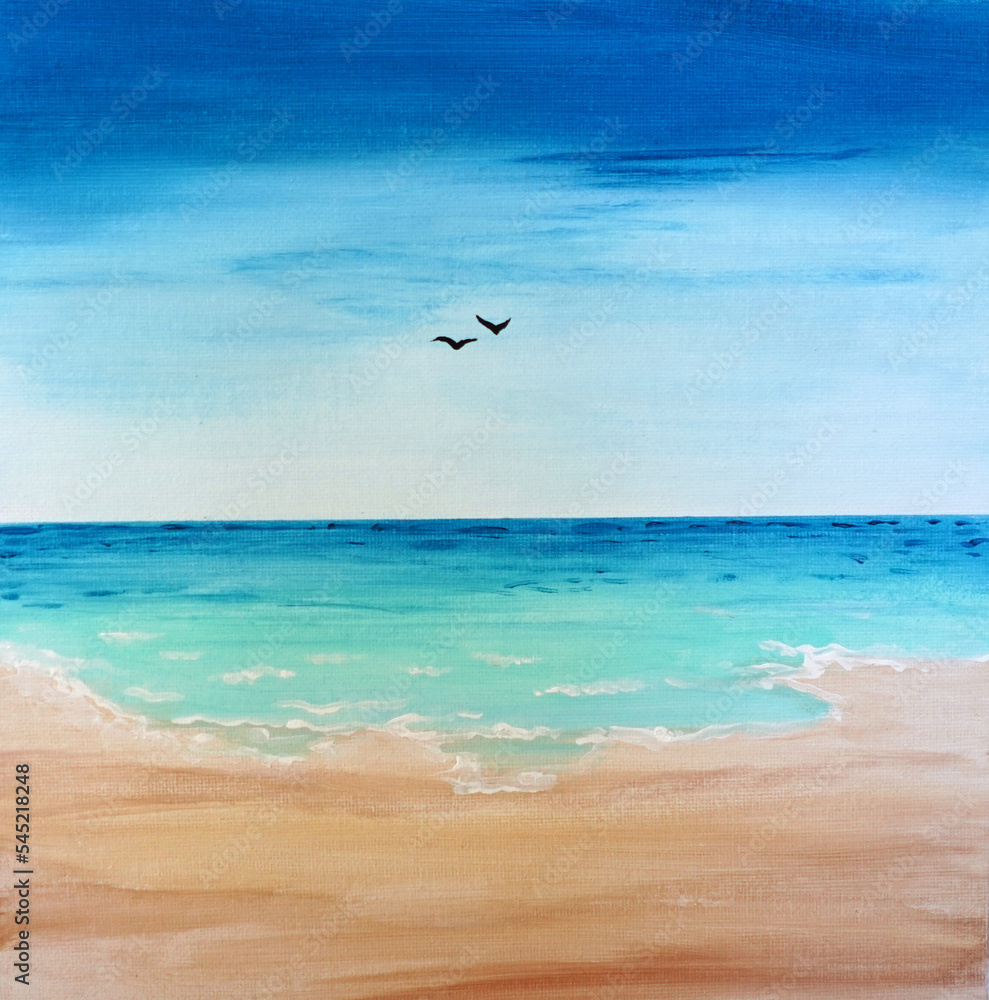 Azure clear ocean, white sand calm water. Drawing of bright blue sky over the sea. Picture ...