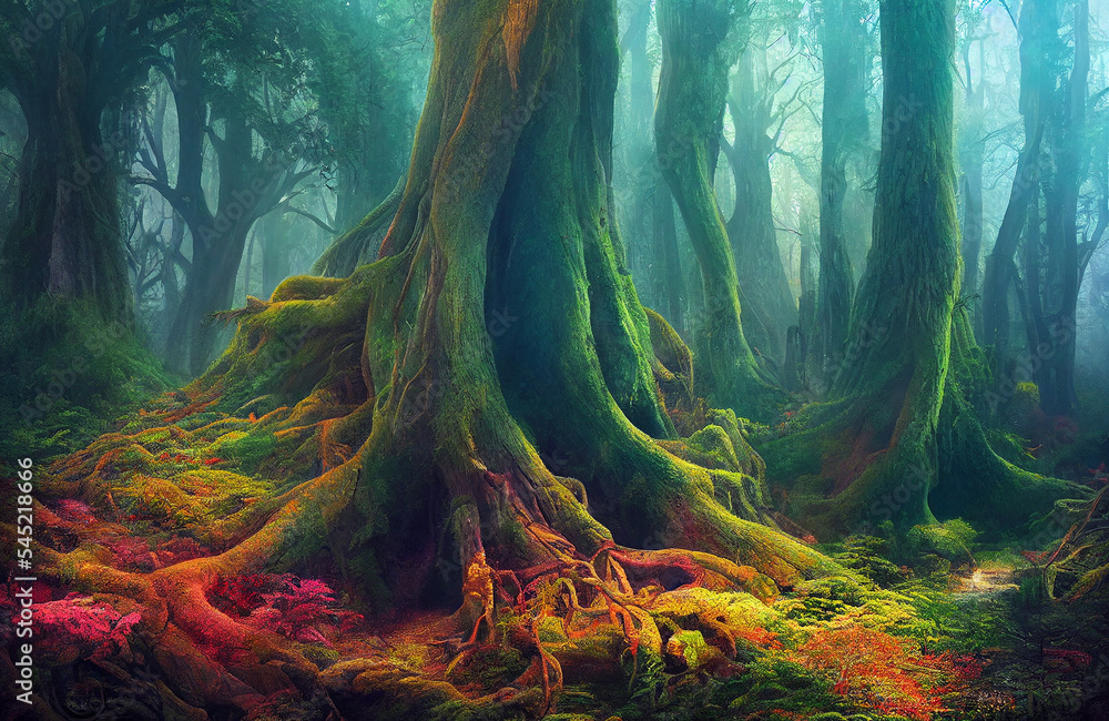 Magical forest in summer, beautiful nature scenery, colorful trees and ...