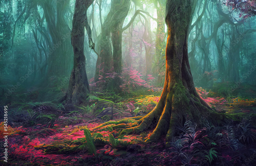 Magical forest in summer, beautiful nature scenery, colorful trees and ...