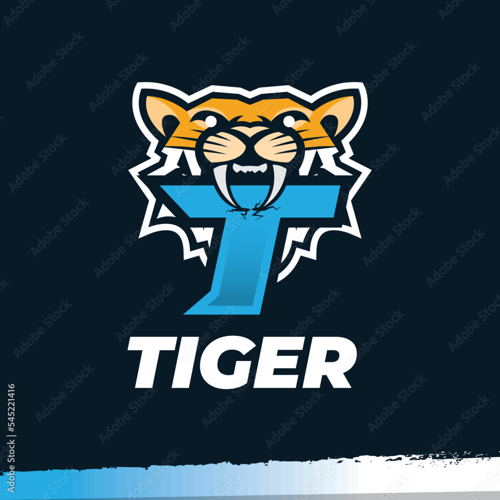 Tiger mascot sport logo, letter T logo design, Tiger animal mascot head ...