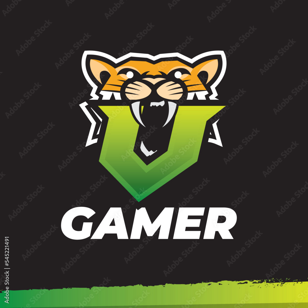 Tiger mascot sport logo, letter V logo design, Tiger animal mascot head ...