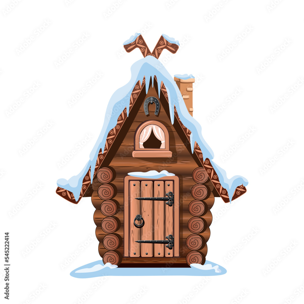 A fairy tale hut made of logs with a snow-covered roof, a stone chimney ...