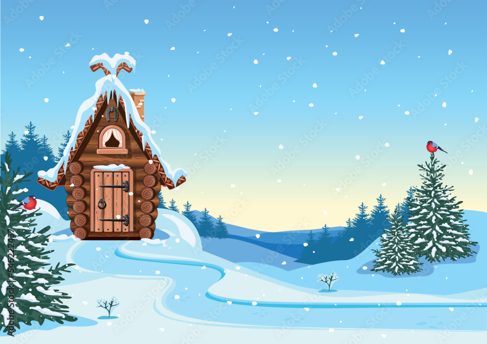 A fairy tale hut made of logs with a snow-covered roof, a stone chimney ...