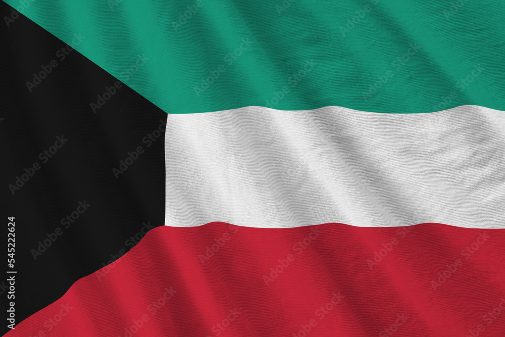 Kuwait flag with big folds waving close up under the studio light ...