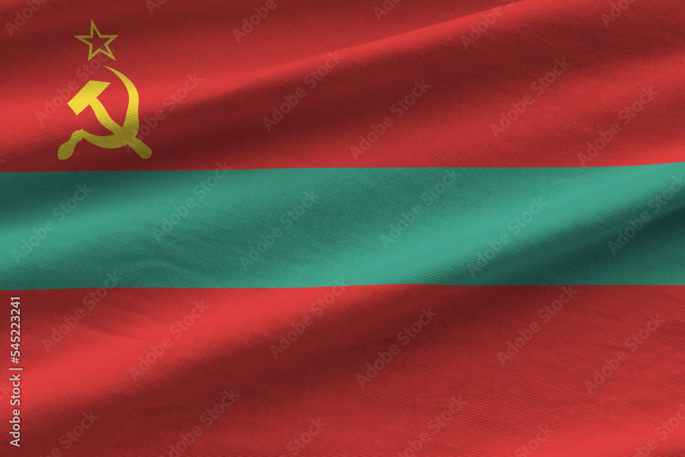 Transnistria flag with big folds waving close up under the studio light ...