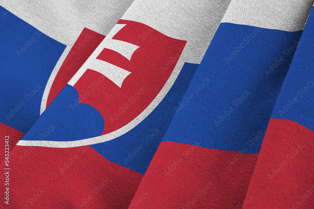 Slovakia flag with big folds waving close up under the studio light ...