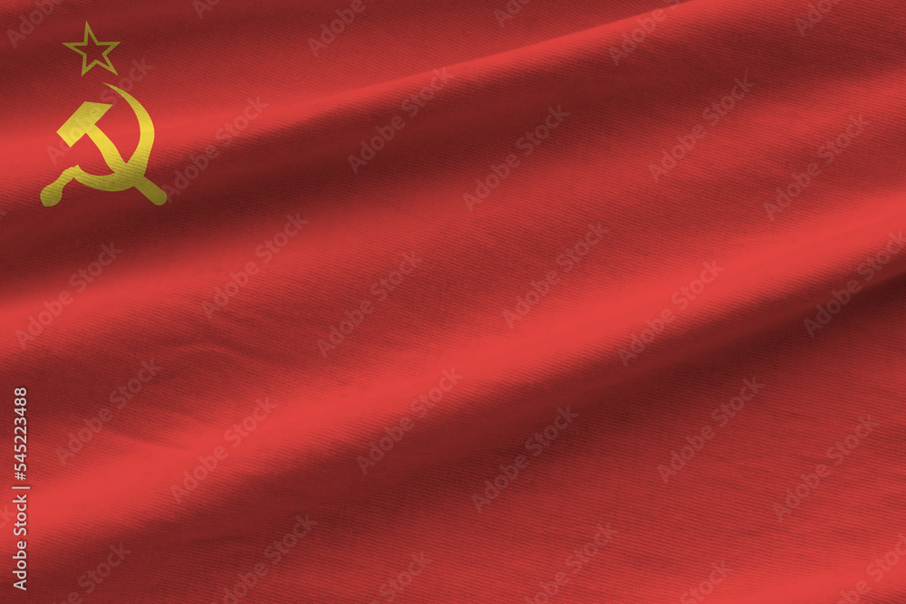 Soviet Union flag with big folds waving close up under the studio light ...