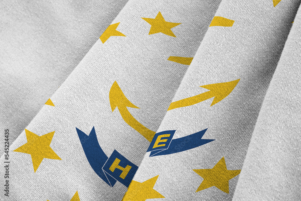 Rhode Island US state flag with big folds waving close up under the ...