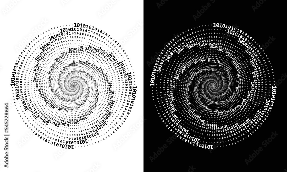Abstract digits ONE and ZERO in spiral over black and white background ...