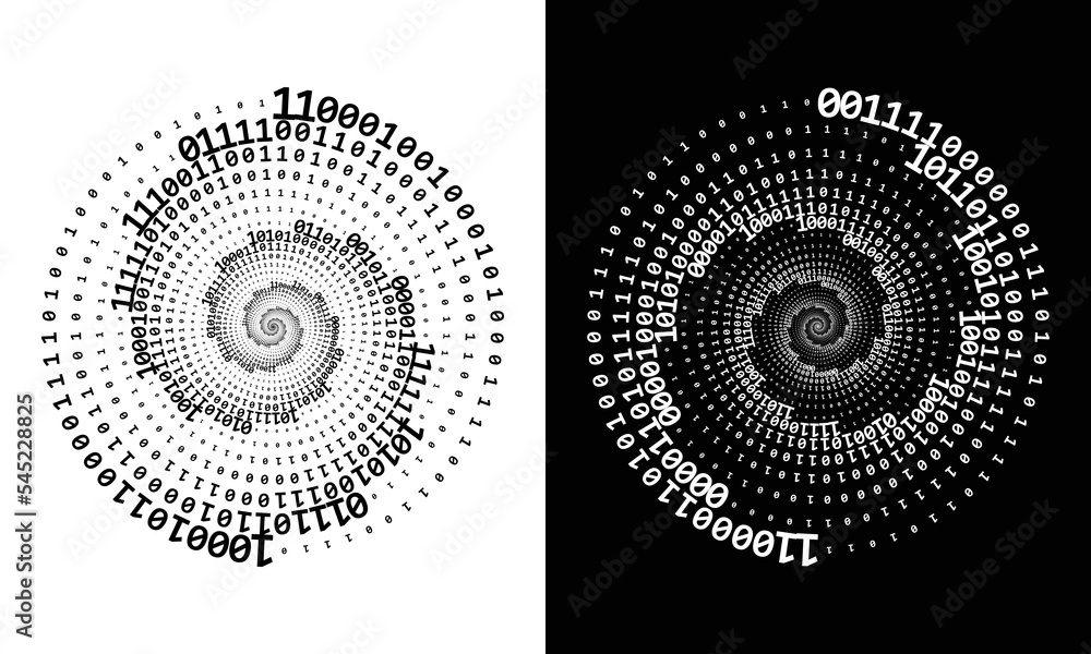 Abstract numbers one and zero in a spiral over a black and white ...