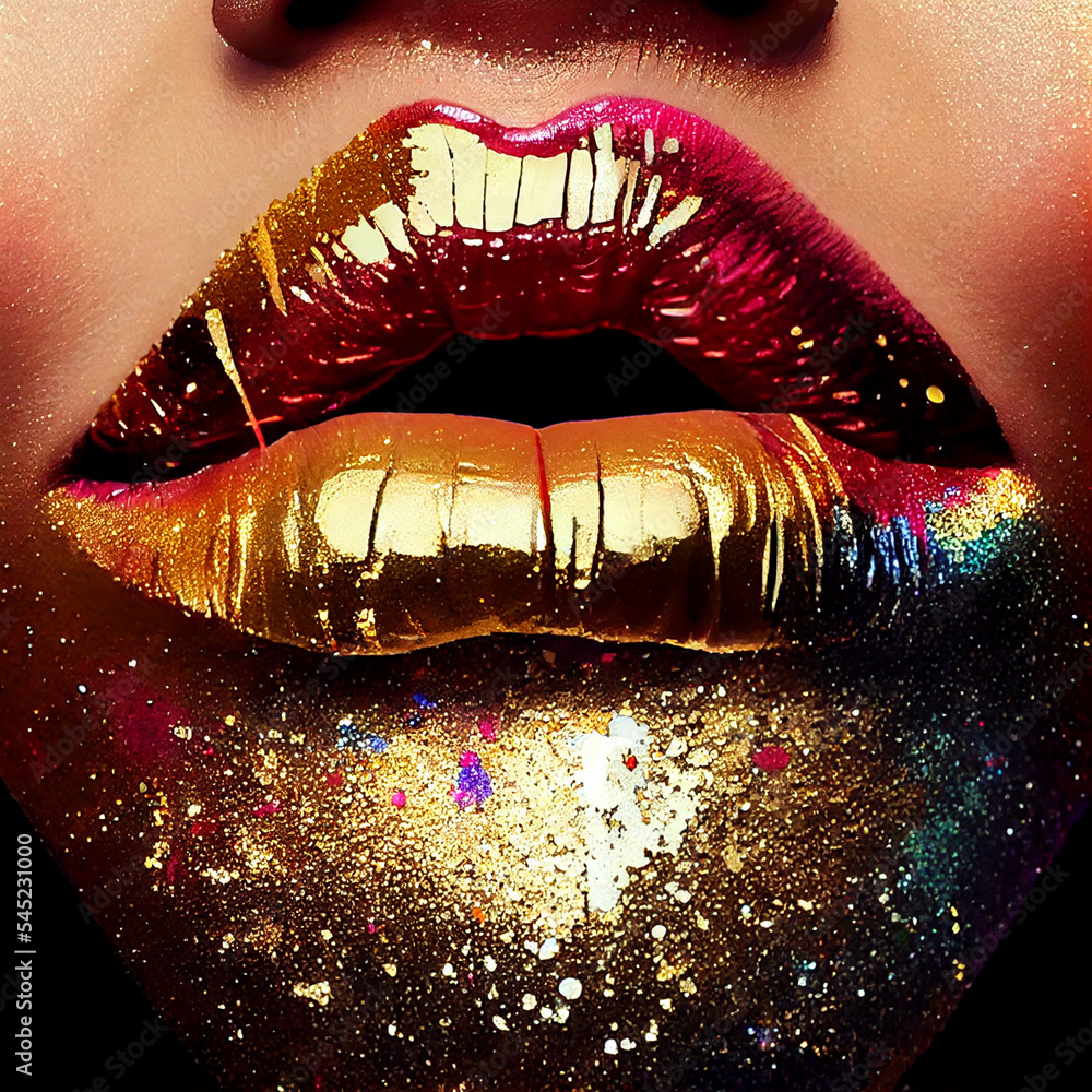 Sexy female lips covered with gold glitter. Vivid 3d illustration Stock ...