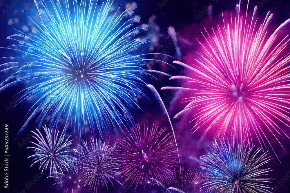 massive ensemble of exploding pink and blue fireworks in the night sky ...