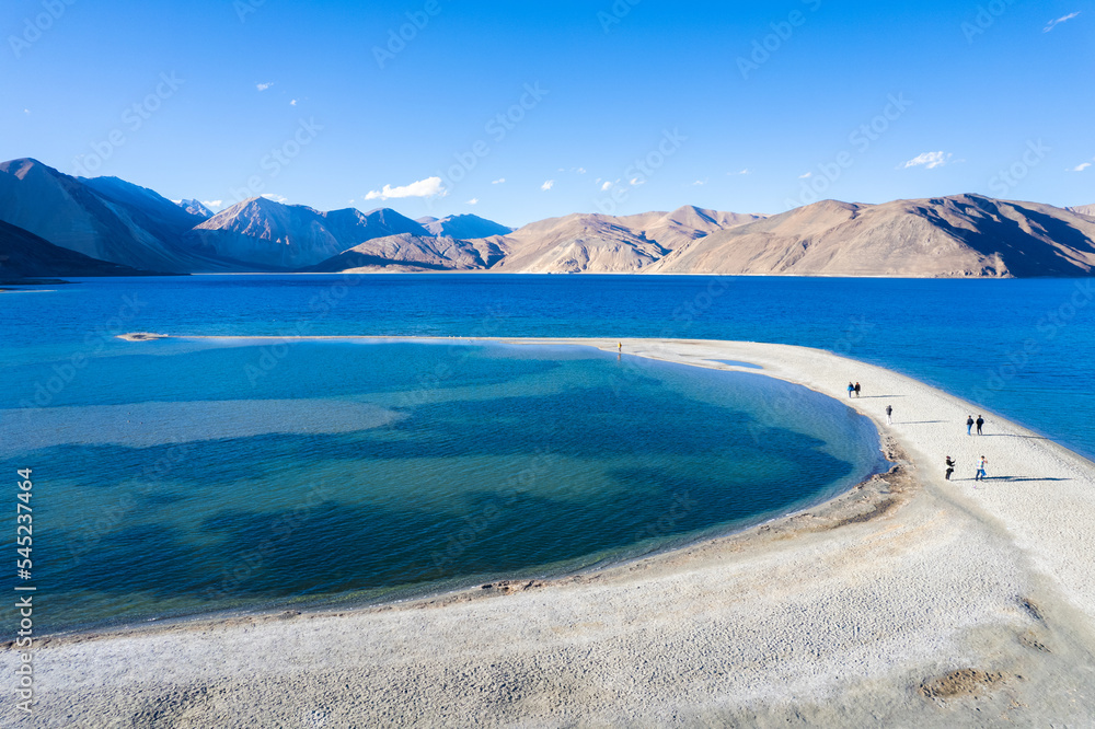 Aerial landscape of Pangong Lake and mountains with clear blue sky, it ...