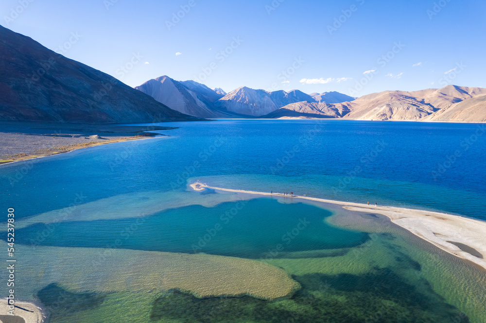 Aerial landscape of Pangong Lake and mountains with clear blue sky, it ...