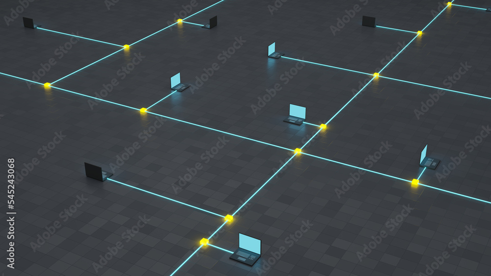 Computers or workplaces connected in a network. Hub joints glowing ...