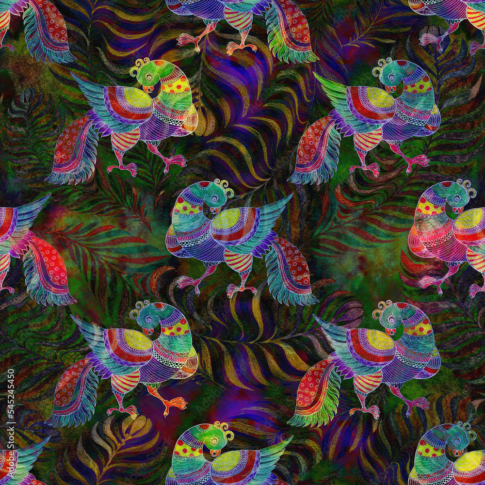 Seamless pattern. Birds and trees are oriental motifs. Indian ethnic ...