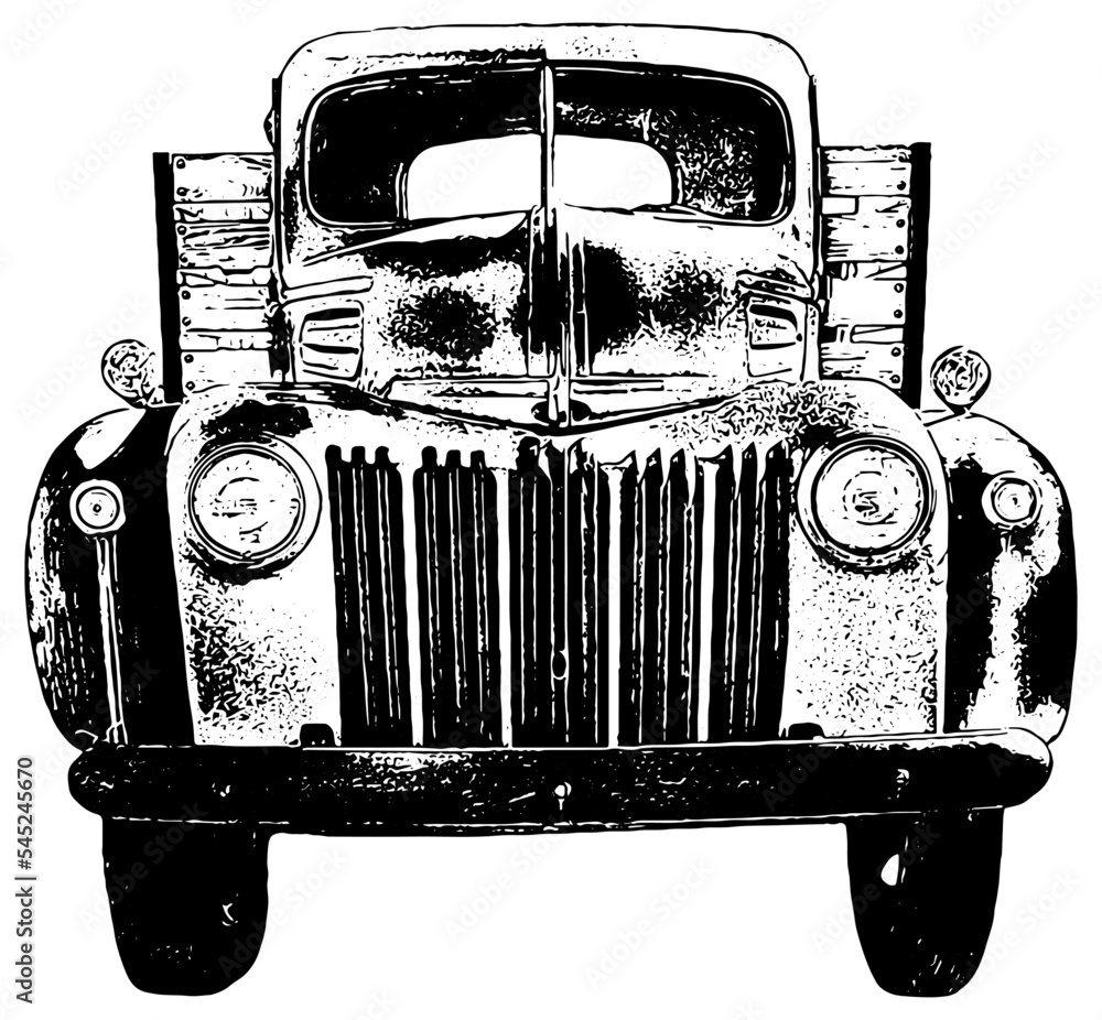 Vintage rusty farm truck illustration, front view, in black Stock ...