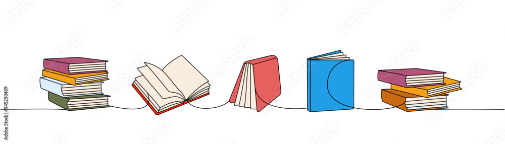 Books set one line colored continuous drawing. Bookstore, library ...