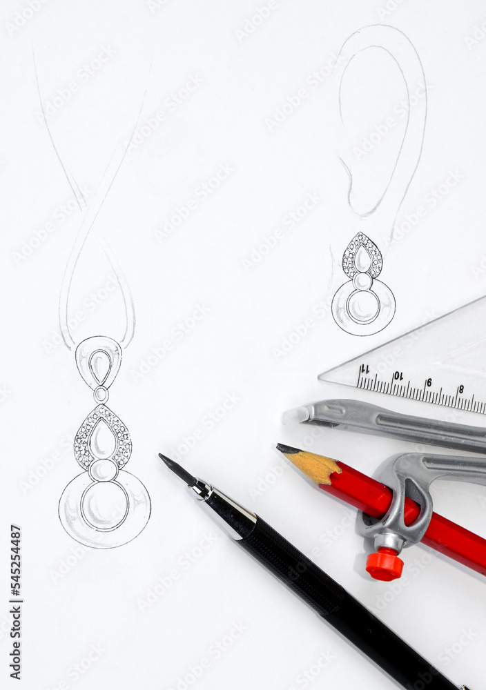 Jewelry drawings, gemstone pendants, diamonds, pencils, dividers, tools ...