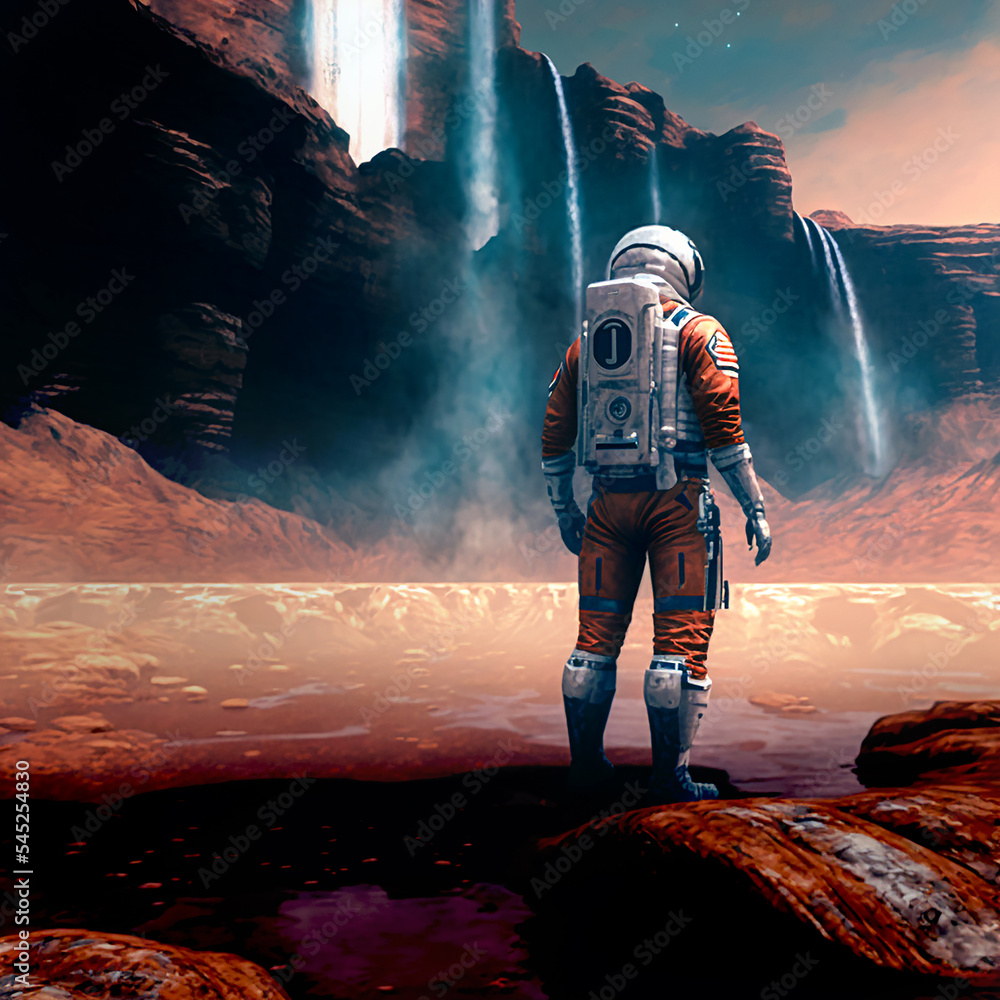 Abstract universe. Astronaut on Mars wearing space suit walking on the ...