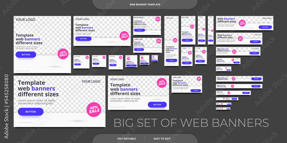 Big set of various web banner sizes. Instagram, Facebook, Google ads ...