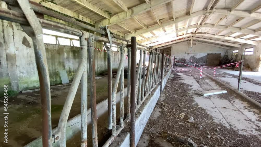 Total destruction of farmhouse building, spooky interior view of ...