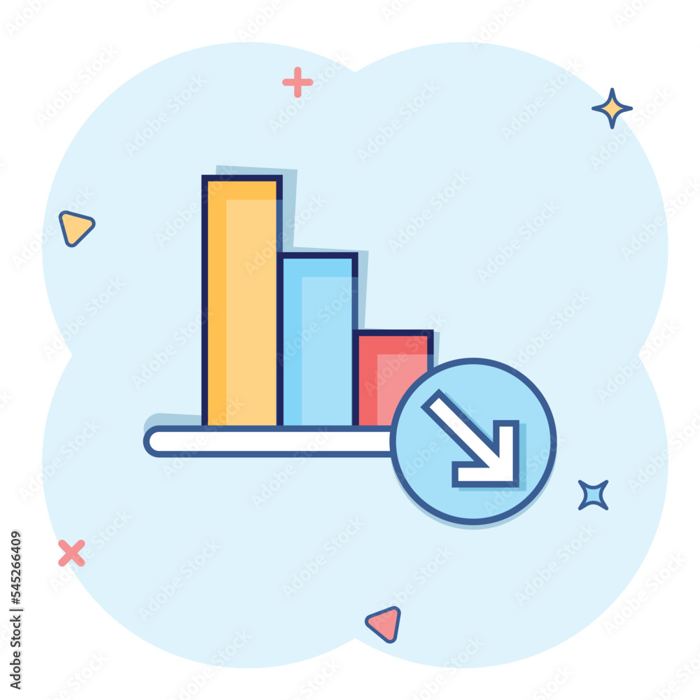 Market trend icon in comic style. Decline arrow with magnifier cartoon ...