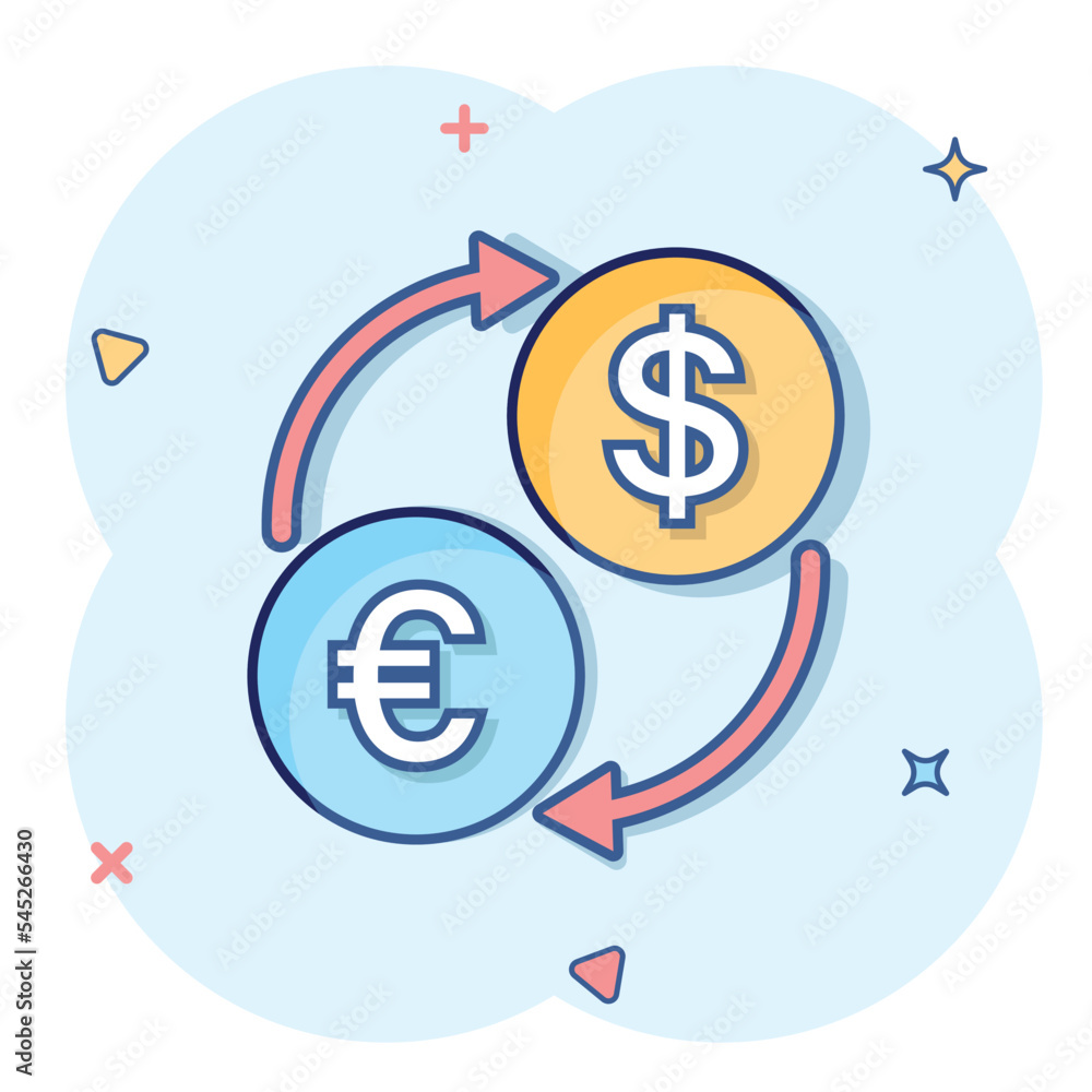 Currency exchange icon in comic style. Dollar euro transfer cartoon ...