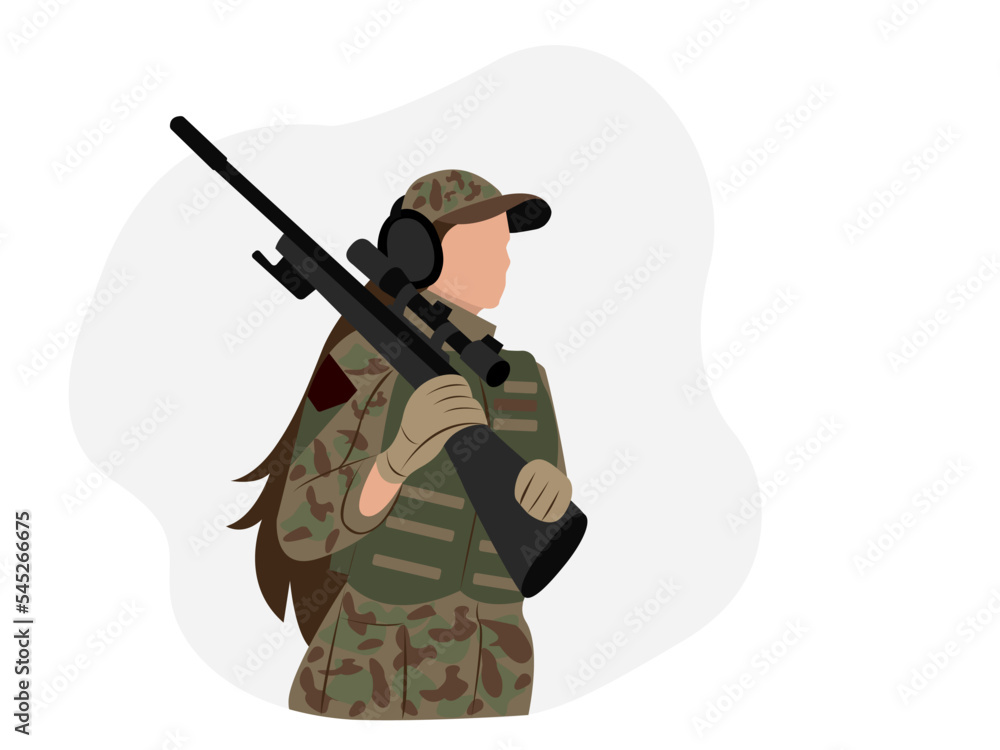 sniper girl in military uniform. A female soldier with a sniper rifle ...