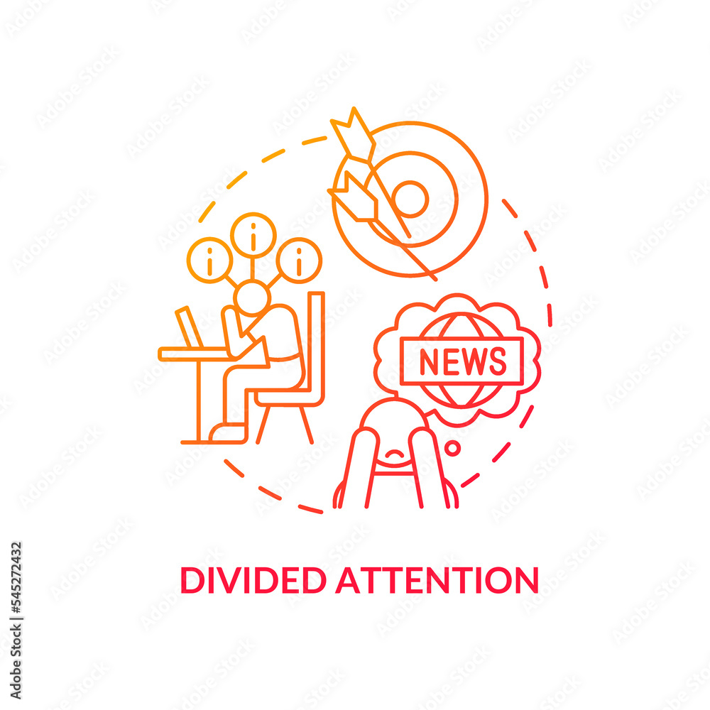 Divided attention red gradient concept icon. Infoxication issue. Media ...