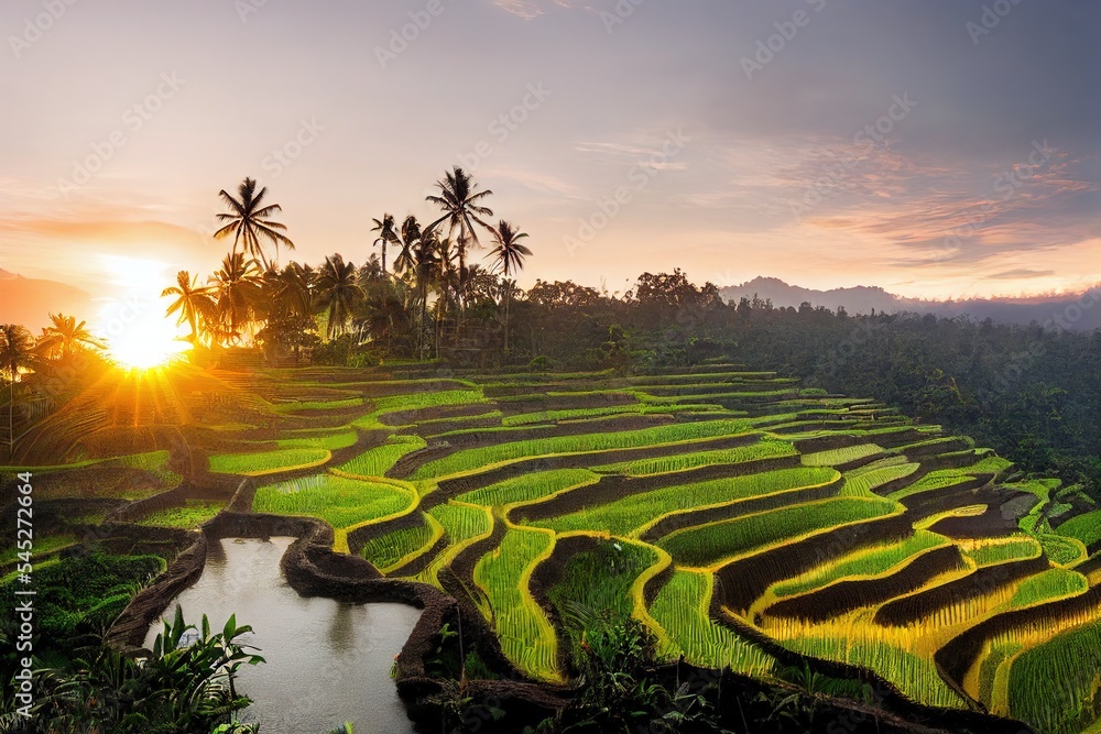 Beautiful sunrise over the Jatiluwih Rice Terraces in Bali, Indonesia ...