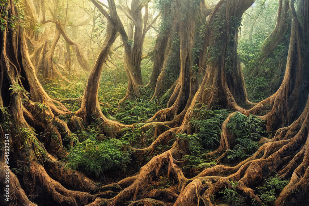 Enchanted forest trees with squiggly, gnarly, twisted roots and ...