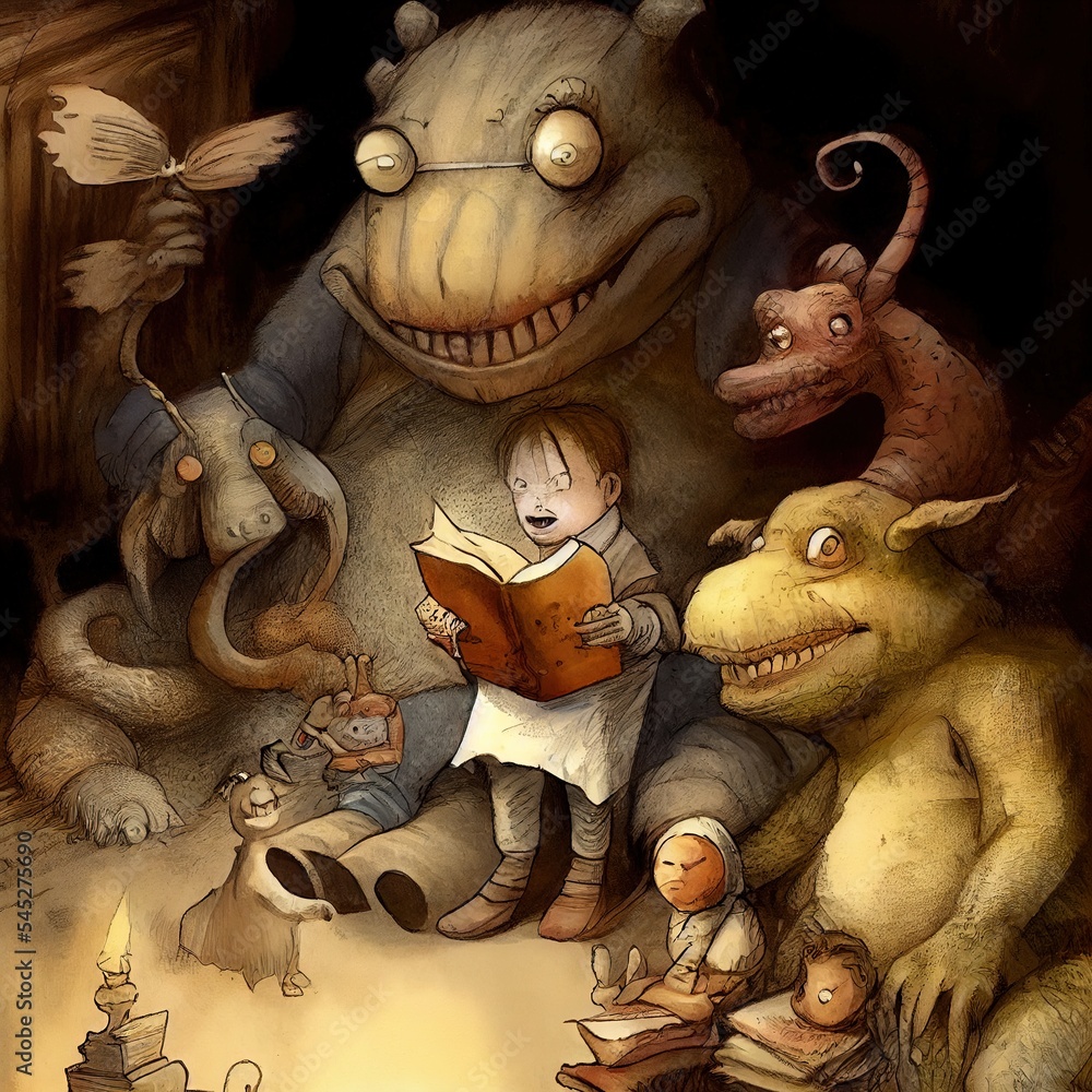 child reading with monsters illustration generated with Artificial ...