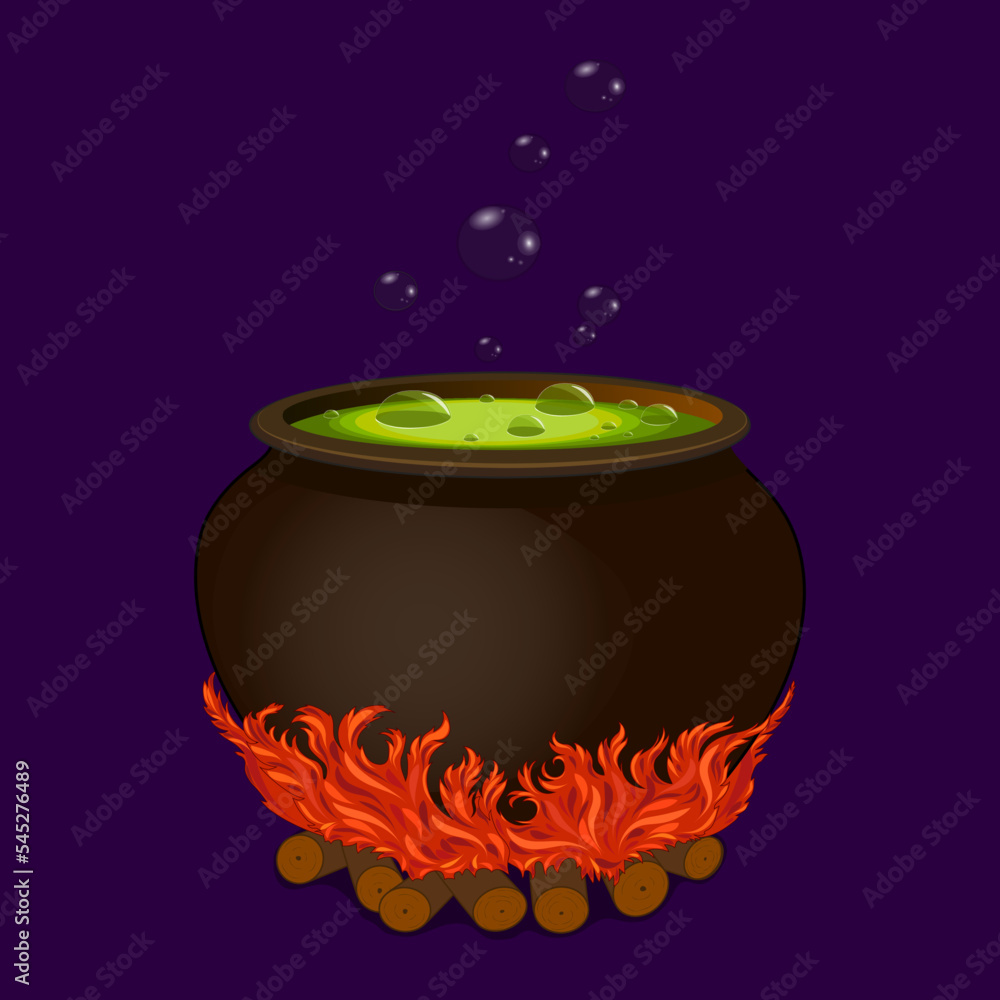 Cartoon vector witch cauldron with boiling potion of poison and bonfire ...