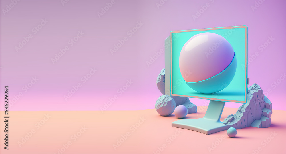 Funny, ultra soft Computer monitor isolated on pink background. Pastel ...