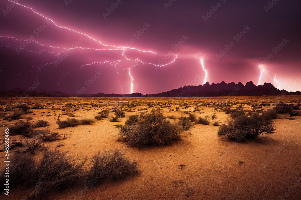Beautiful landscape of storm and lightning on the arid desert. Thunder ...