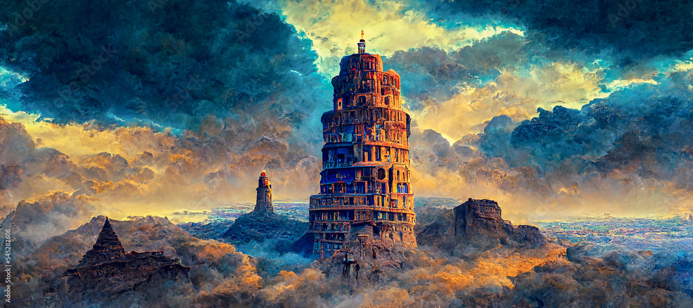 Abstract landscape. Colorful art landscape with the tower of Babel in ...