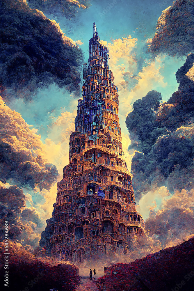 Abstract landscape. Colorful art landscape with the tower of Babel in ...
