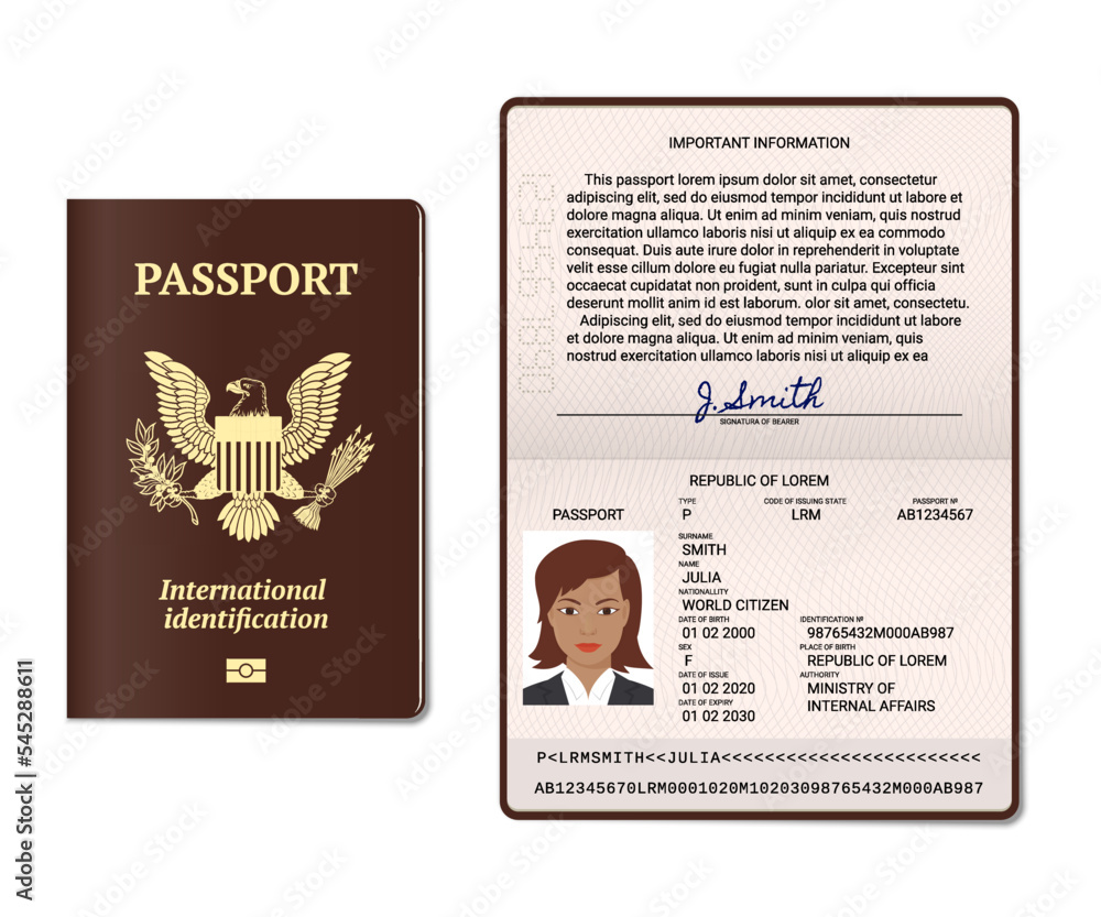 Passport fold with a female name, surname and photo and a fictitious ...