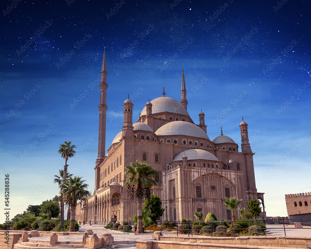 Mosque of Muhammad Ali, Saladin Citadel of Cairo (Egypt) night sky with ...