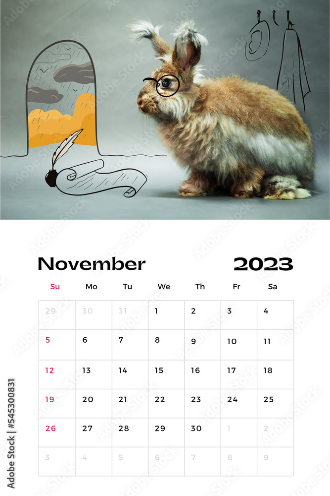 Foto Stock November 2023 calendar page, with a photo of a rabbit and ...