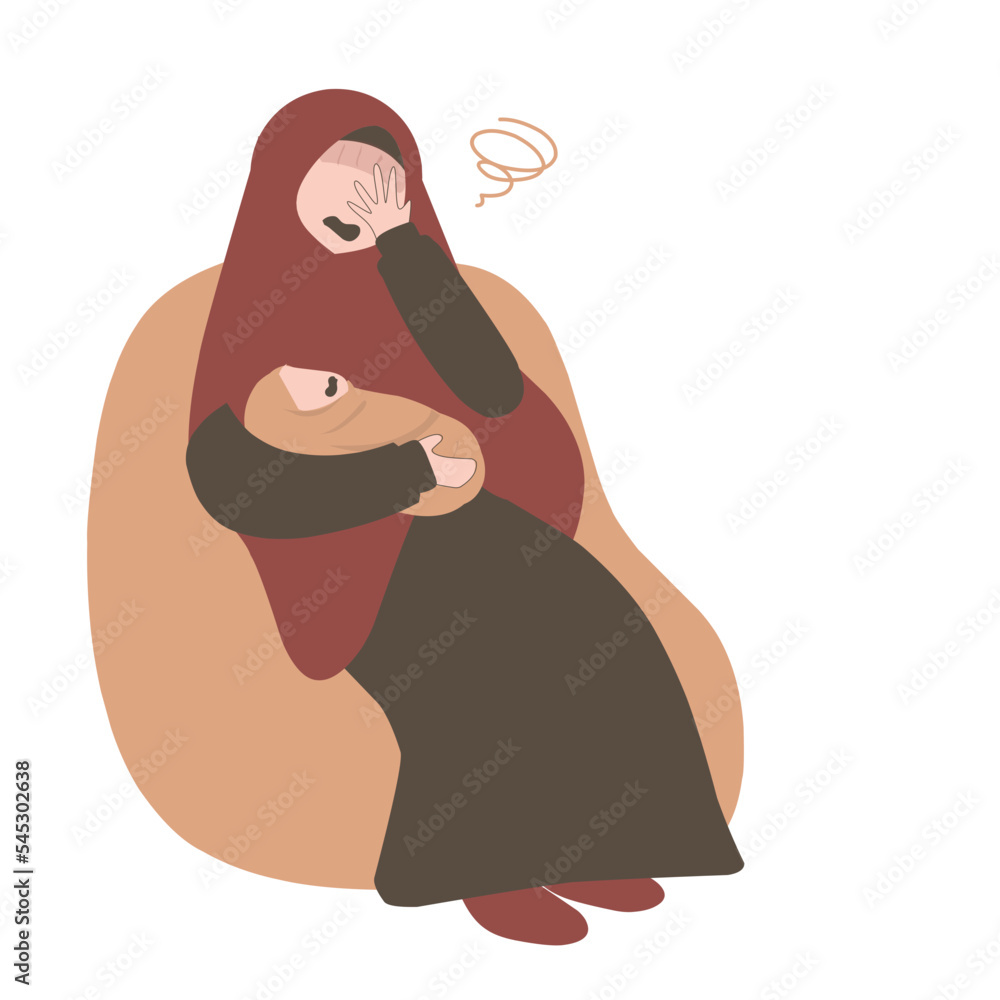 Muslim mother in postpartum depression. Baby blues illustration. Sad ...