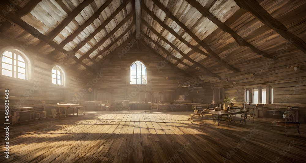 interior of big old barn in the countryside. wood beams, windows ...