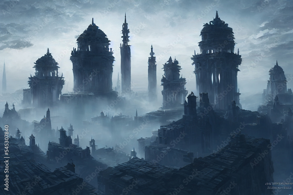 elegant palace made of stone, built above a futuristic city, high ...