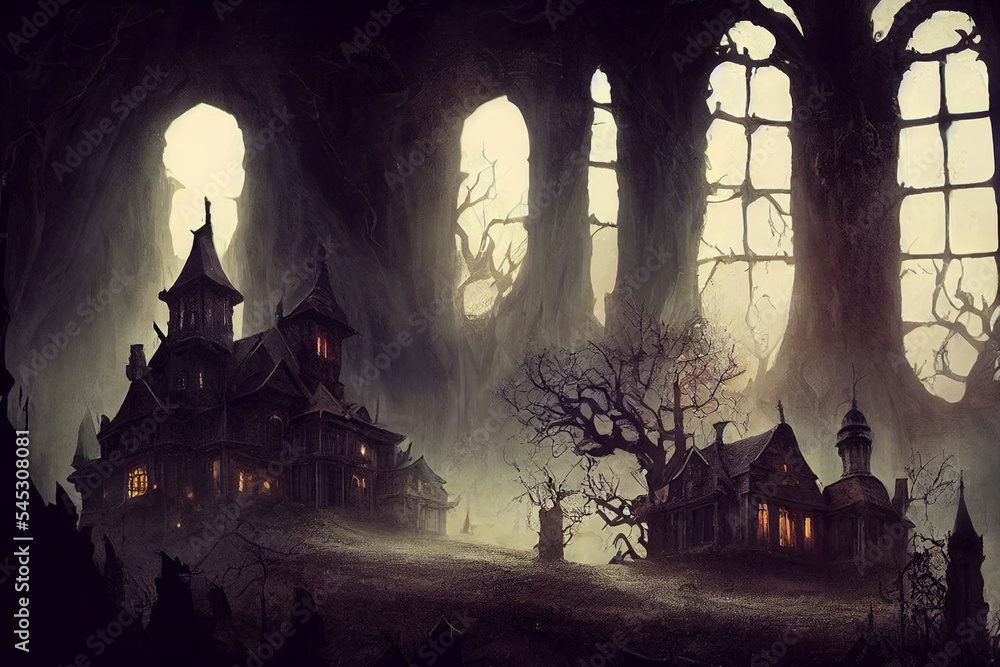 Haunted House on top of a hill, Fantasy, Chiaroscuro, Hyper detailed ...