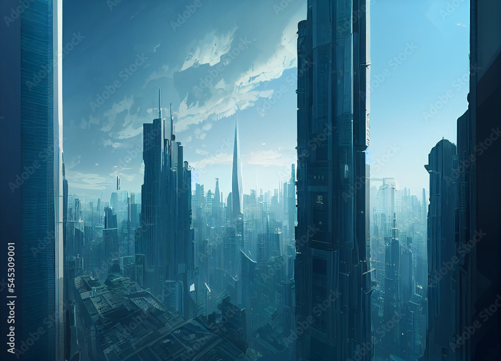 Futuristic city of giant skyscrapers, storybook illustration, sharp ...