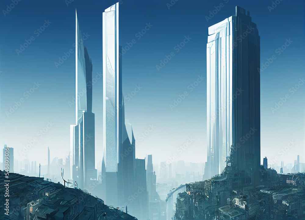 Futuristic city of giant skyscrapers, storybook illustration, sharp ...