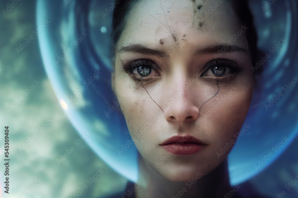 zoomed out angle sci-fi science-fiction movie portrait of a multi-eyed ...